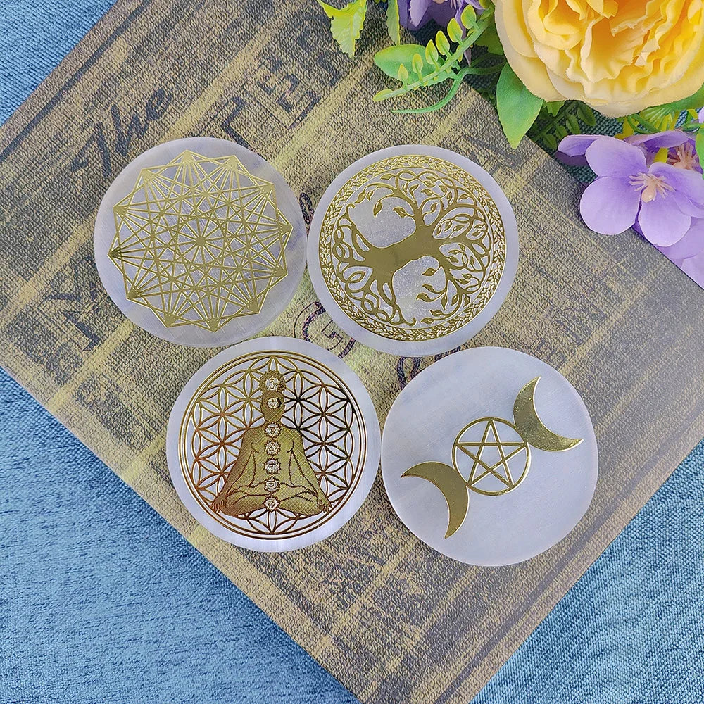 Selenite Spiritual Gold Symbol Plates - Triple Moon Pentacle Selenite ...